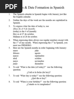 Days Of The Month In Spanish And English
