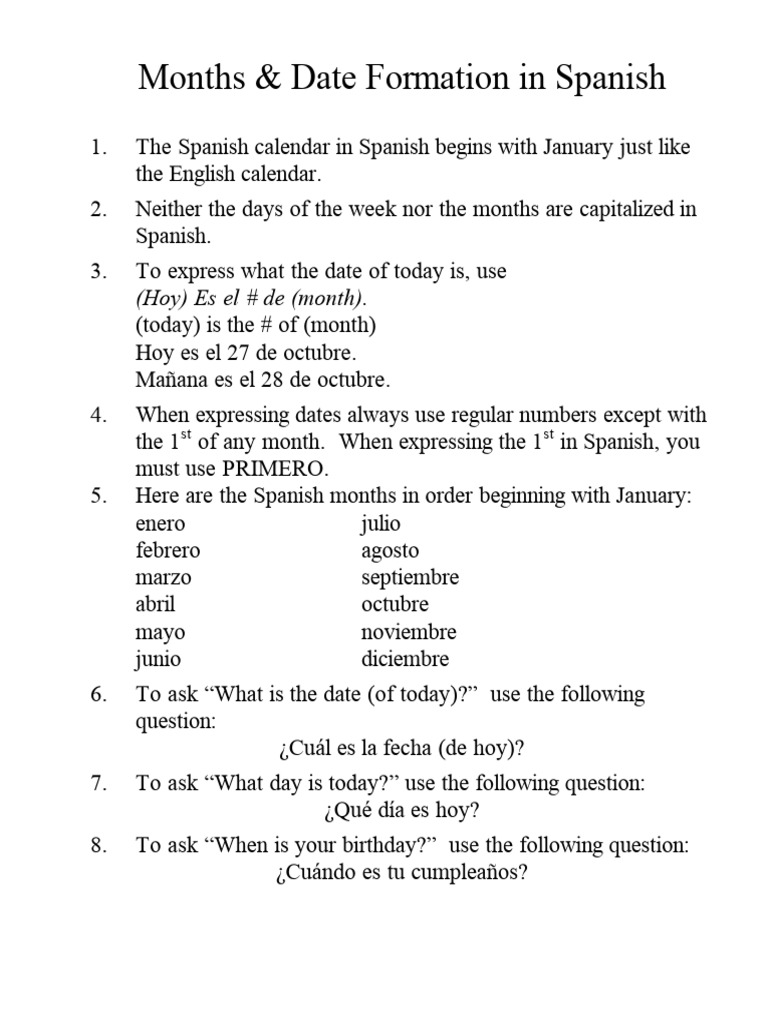 Spanish Months and Date Expressions | PDF