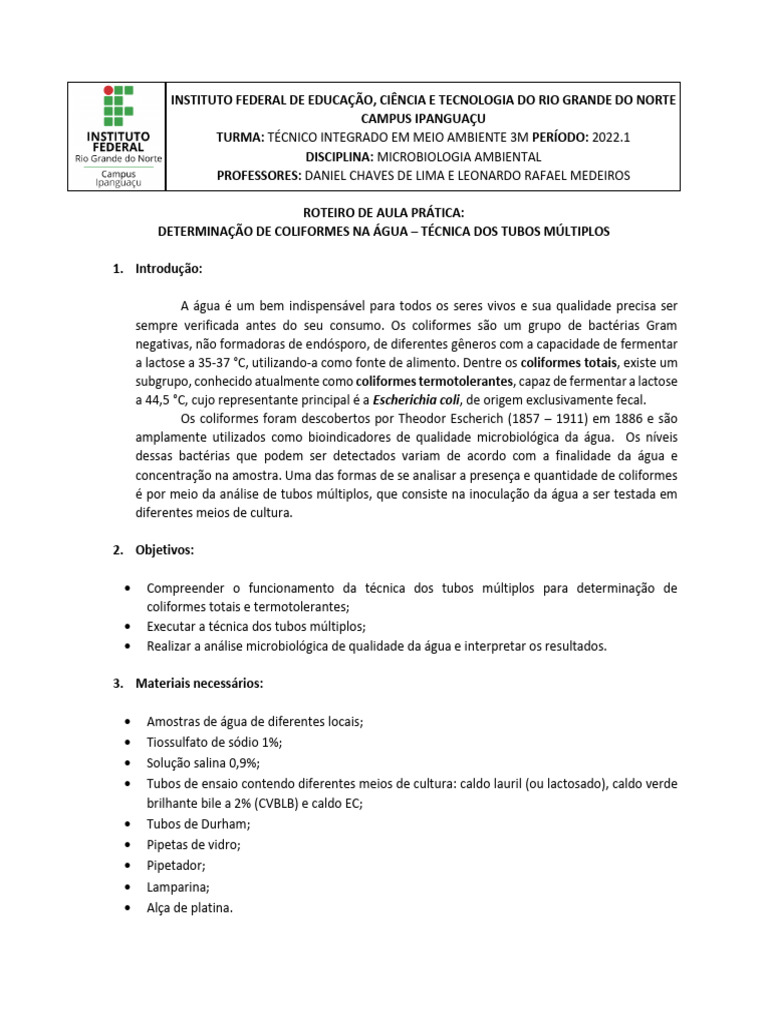 Análise de Coliformes na Água: Tubos Múltiplos | PDF | Bactérias