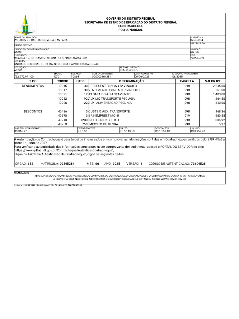 Contracheque Servidor Weliton Santana | PDF