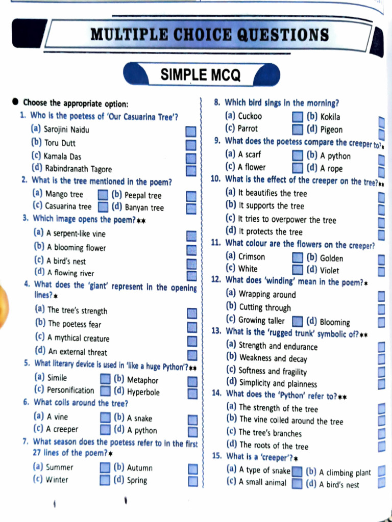MCQs on "Our Casuarina Tree" | PDF