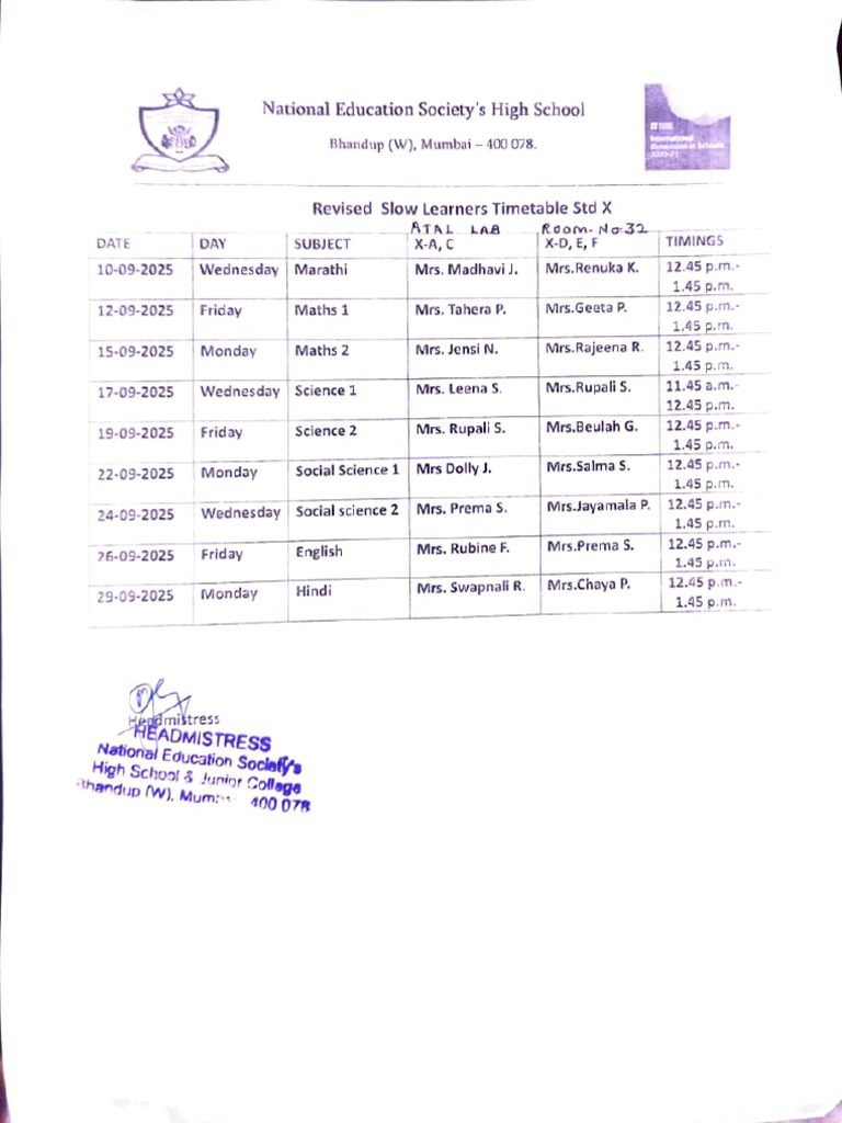 Revised Timetable For Slow Learners STD X | PDF