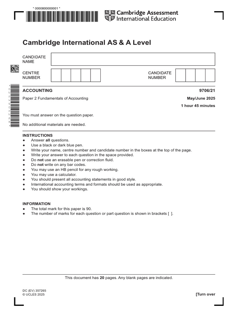 Cambridge International AS & A Level: Accounting 9706/21 | PDF ...