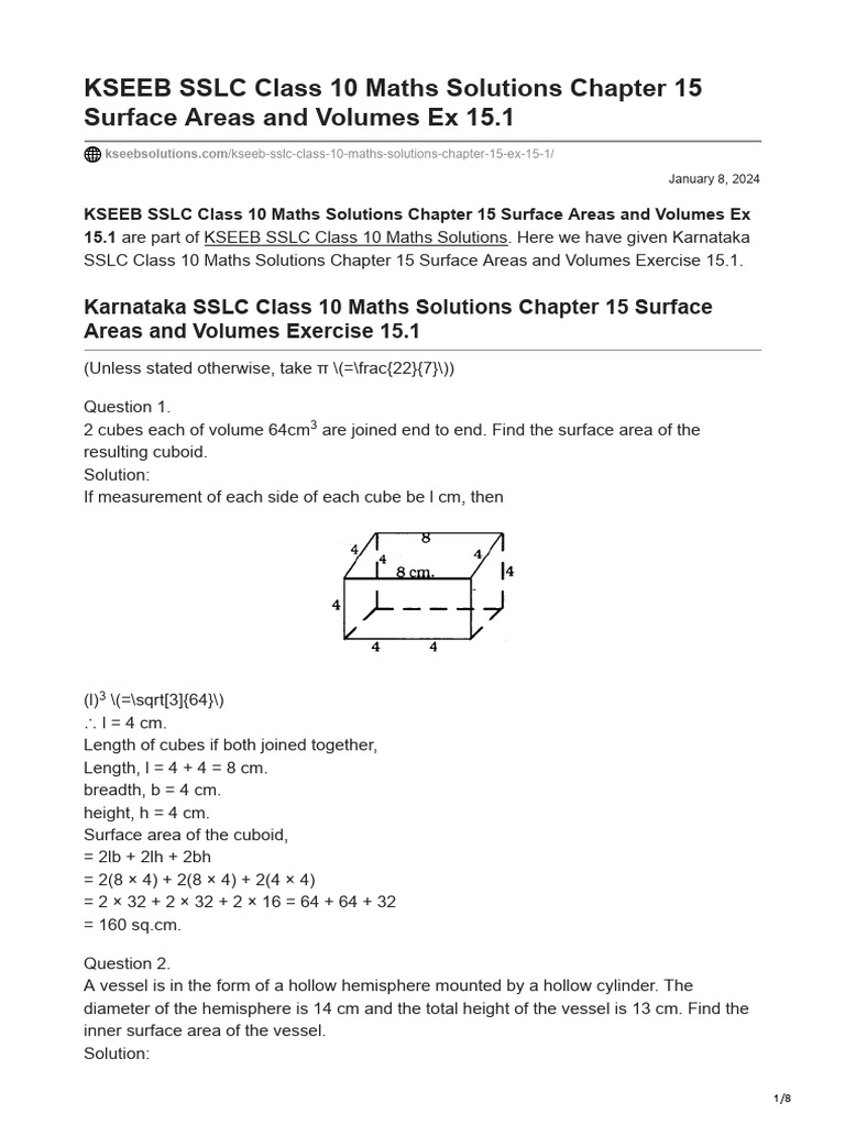 KSEEB Class 10 Maths: Surface Areas & Volumes | PDF | Sphere | Area