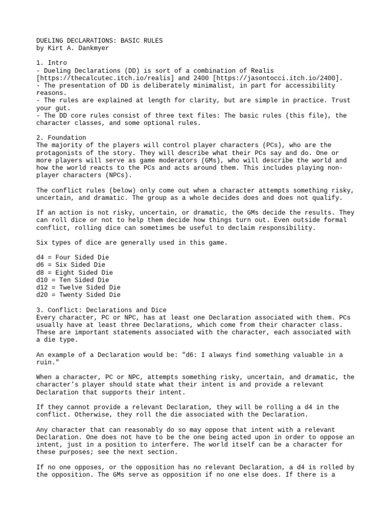 Dueling Declarations Basic 1.0 | PDF | Dice | Role Playing Games