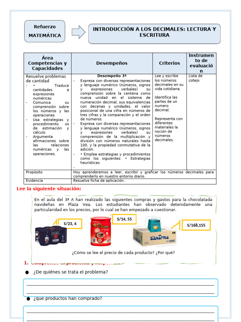 F. REF MATE LECTURA Y ESCRITURA DE DECIMALES PROF YESSENIA CARRASCO | PDF | Decimal | Números