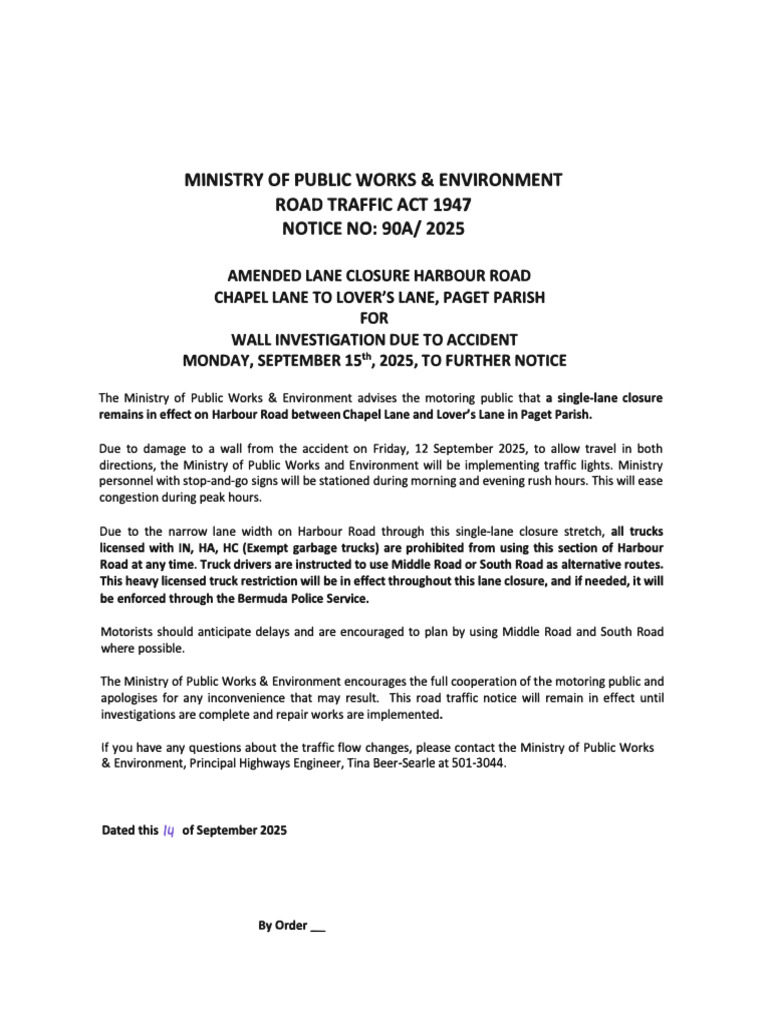 Road Traffic Notice Amended Lane Closure Harbour Road 2025 | PDF