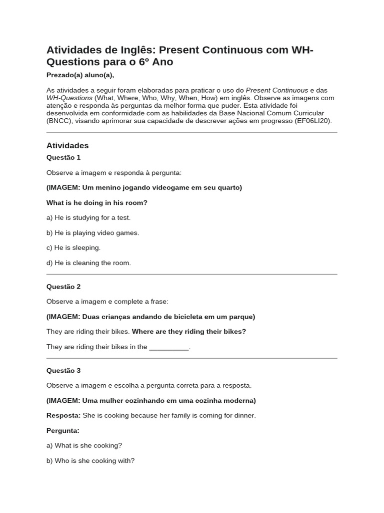 Atividades de Inglês_ Present Continuous Com WH-Questions Para o 6º Ano | PDF