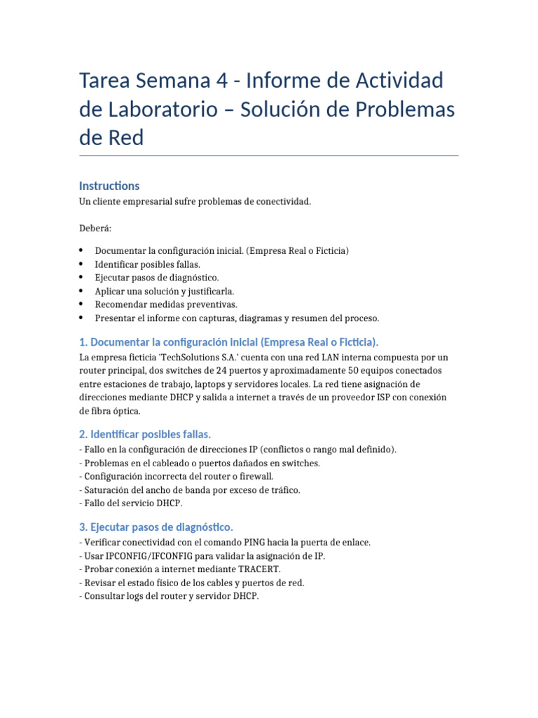 Tarea Semana 4 Informe Problemas de Red | PDF | Enrutador (Computación) | Dirección IP