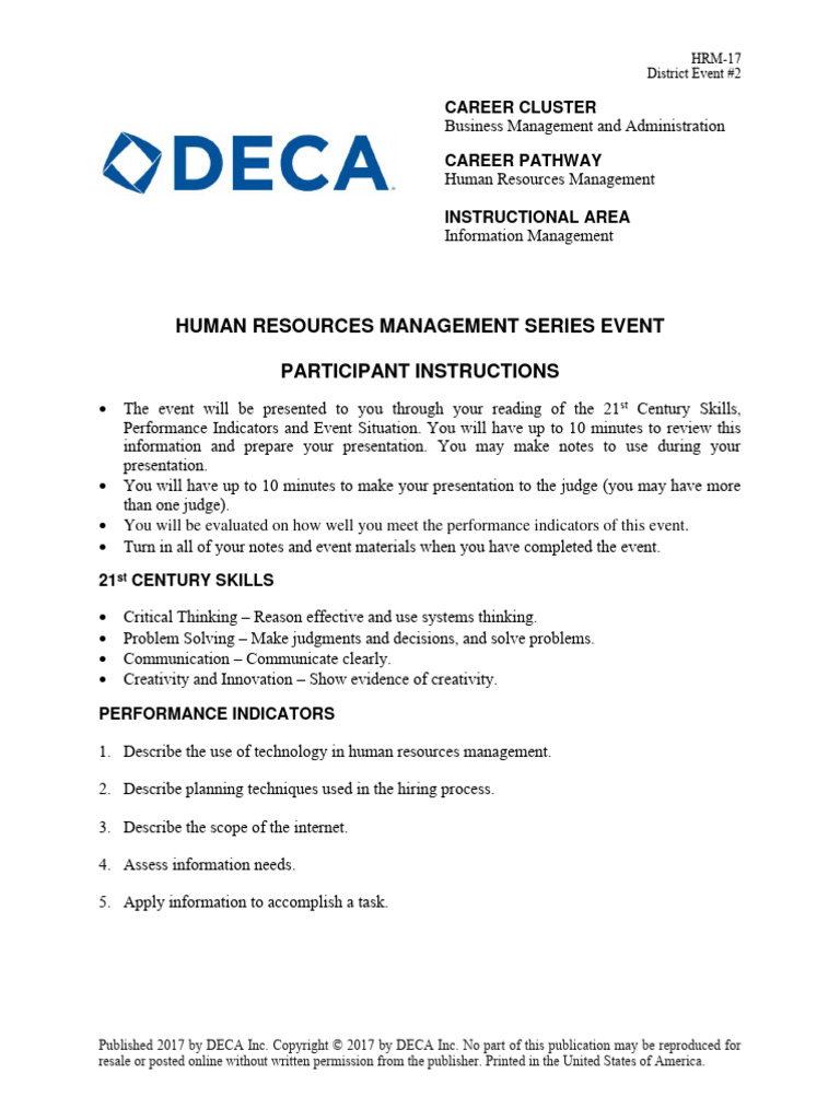 DECA HRM 2017 District Event 2 | PDF | Performance Indicator | Evaluation
