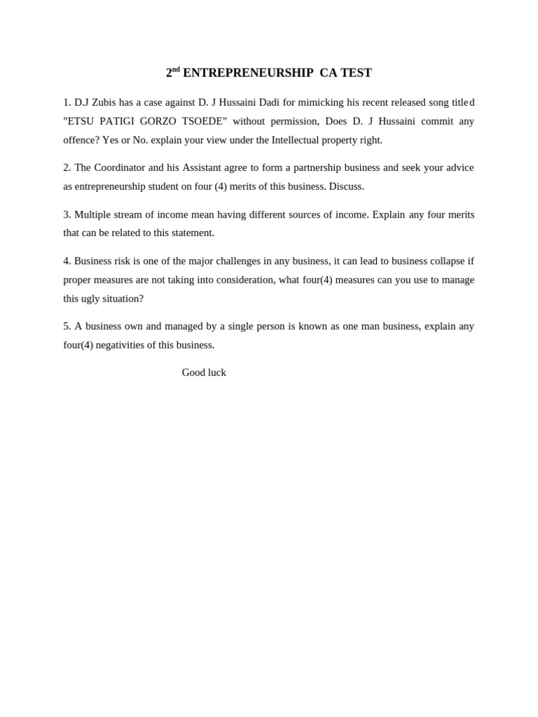 2nd Entrepreneurship CA Test | PDF