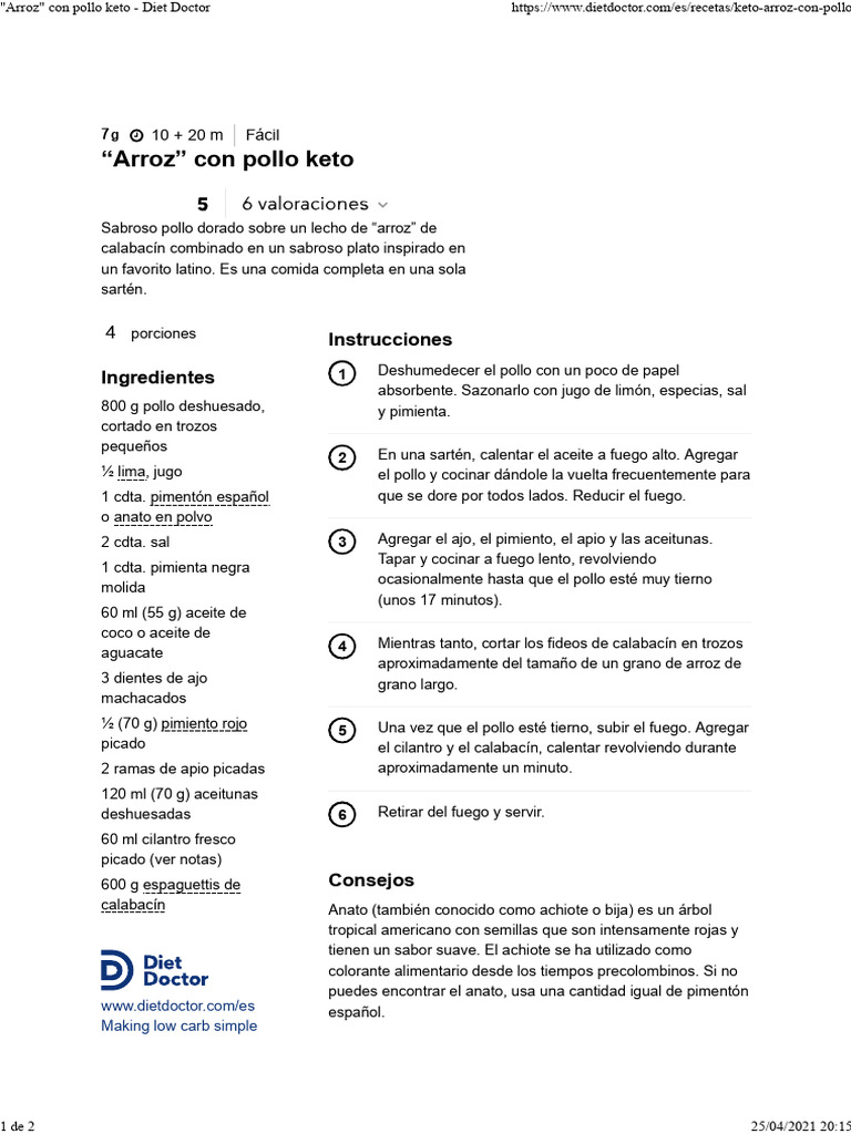 Arroz - Con Pollo Keto - Diet Doctor | PDF | Cilantro | Pimenton
