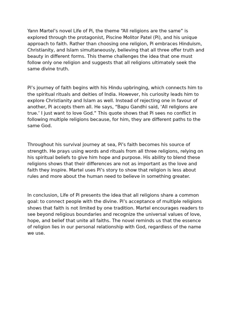 All Religions Are The Same Life of Pi Essay | PDF