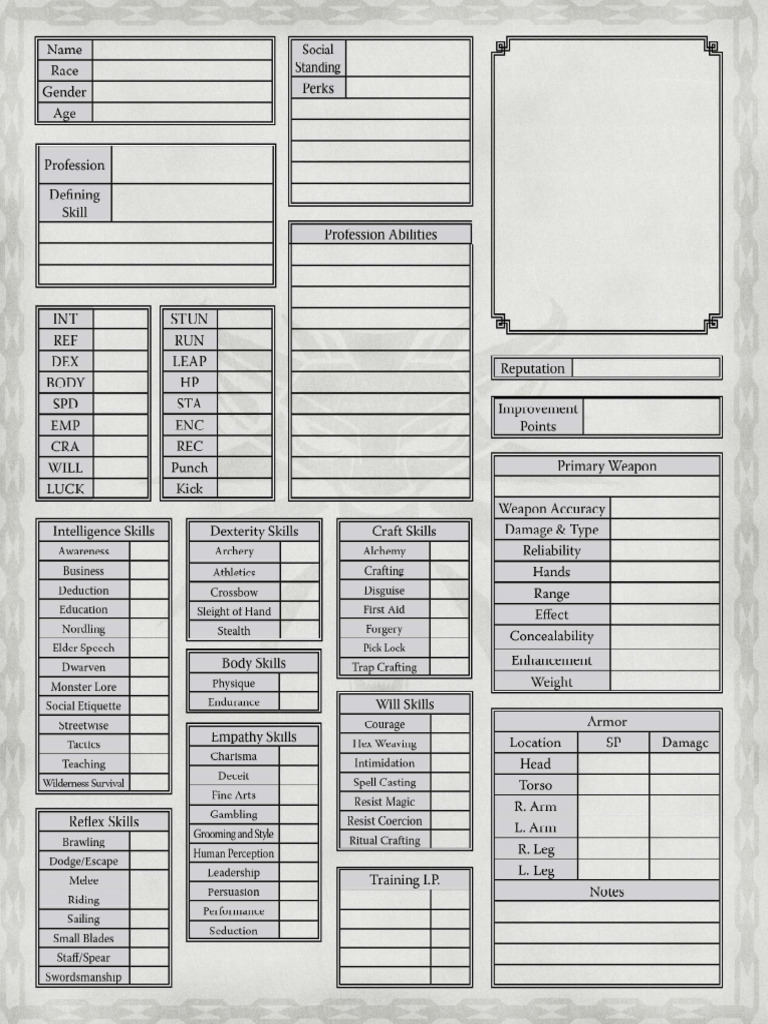 The Witcher - Fillable Character Sheet | PDF