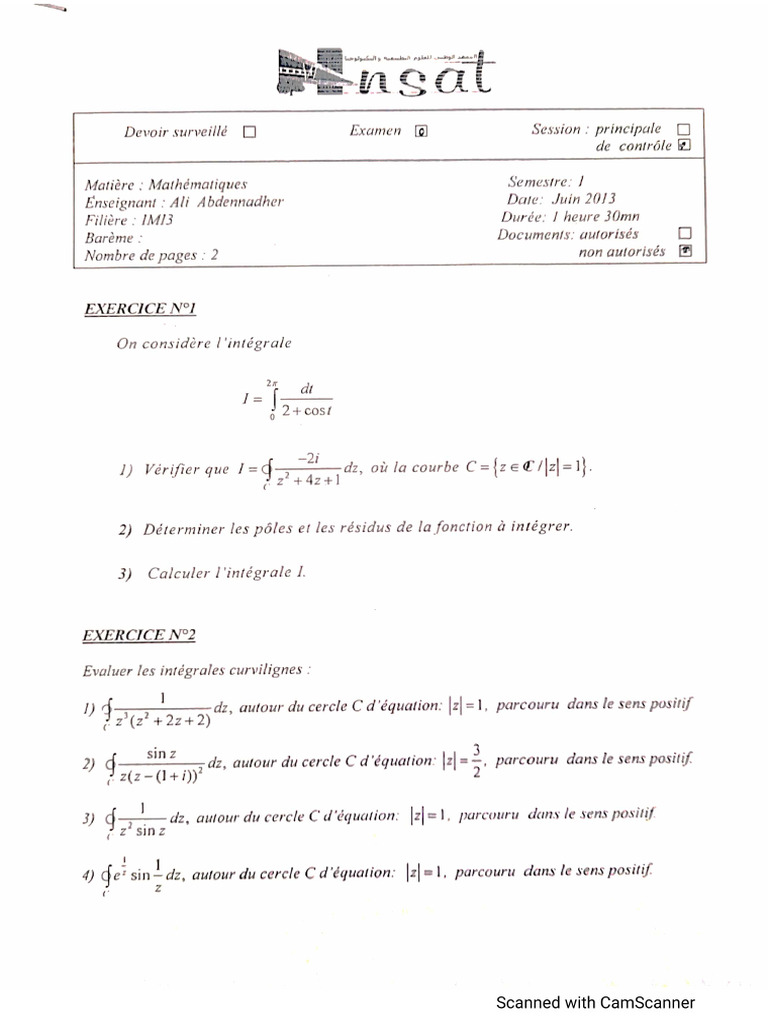 Examen Maths Contrôle 2013 + Correction | PDF