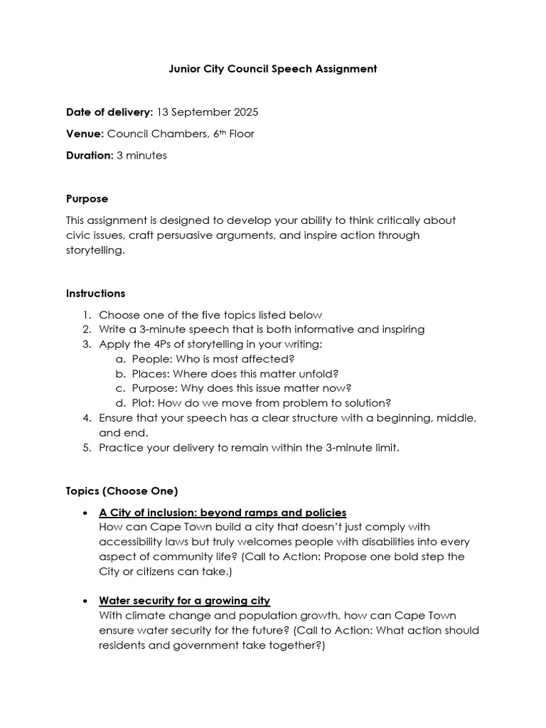 Junior City Council Speech Assignment | PDF