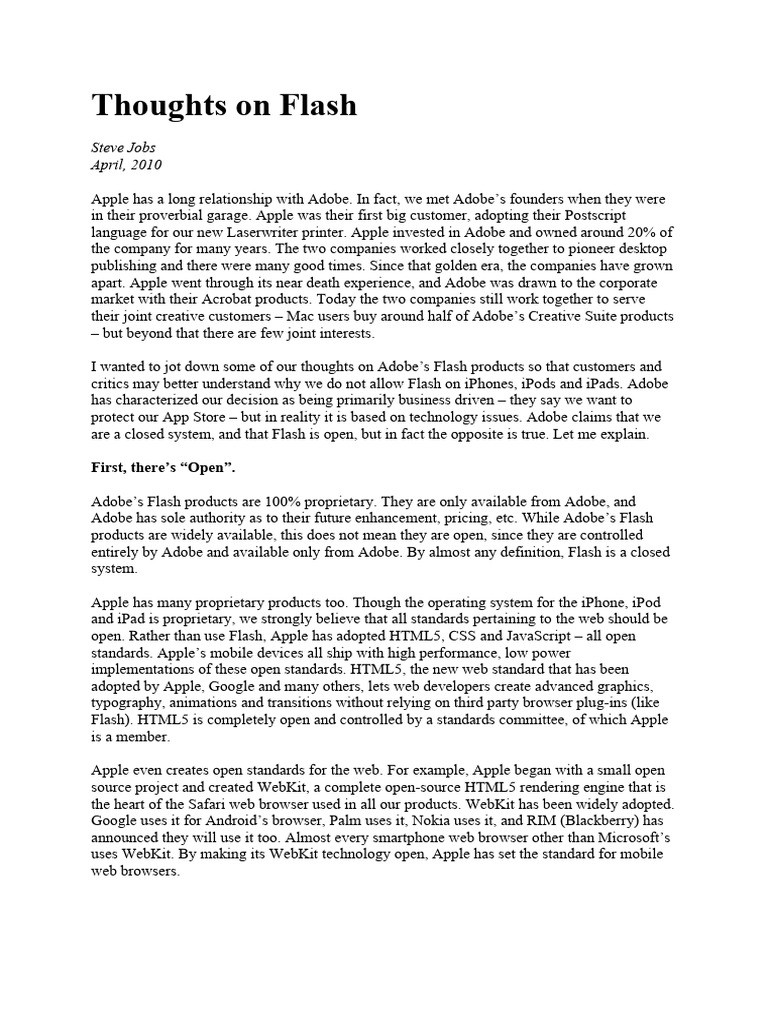 Steve Jobs on Flash: A Technology Critique | PDF | Adobe Flash | Apple Inc.