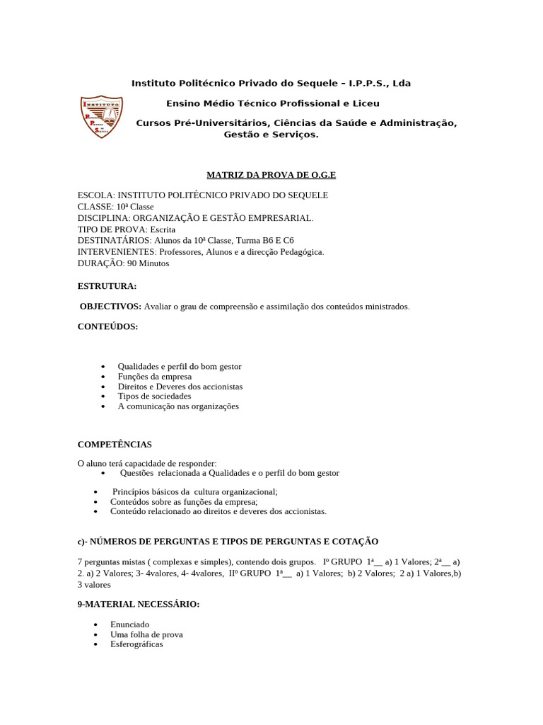 Prova de O.G.E em Gestão Empresarial | PDF | Pedagogia | Gestão estratégica