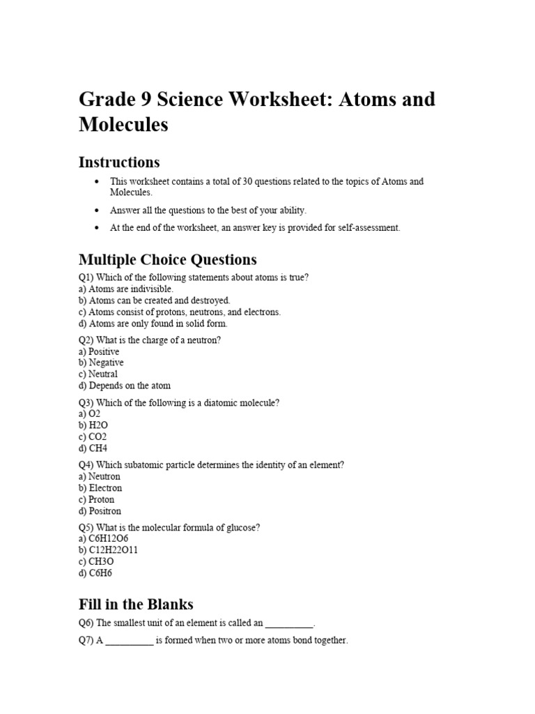 Grade 9 Science Worksheet_ Understanding Atoms and Molecules | PDF ...