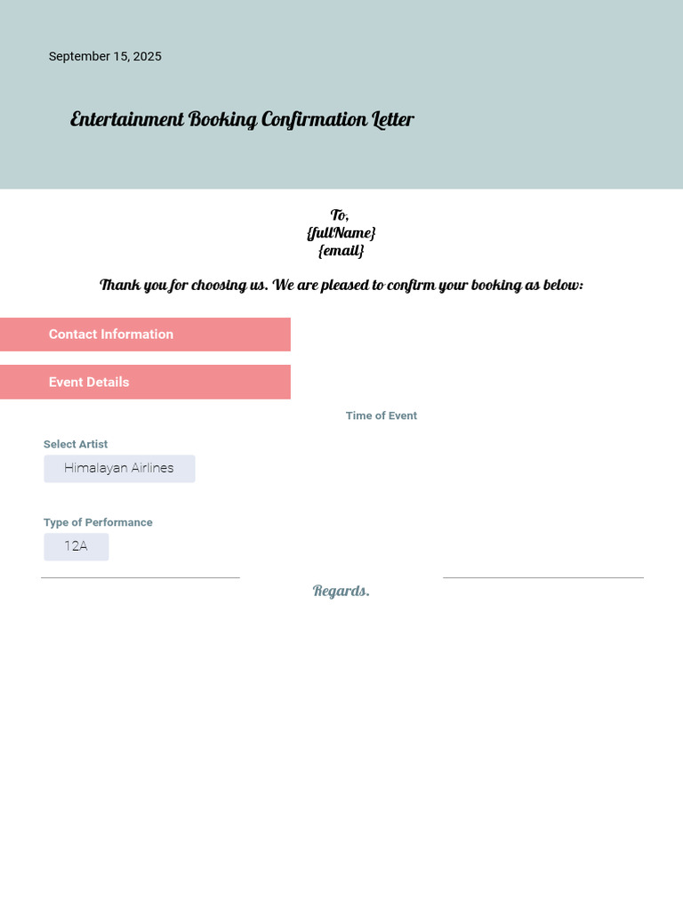 Entertainment Booking Confirmation Letter | PDF