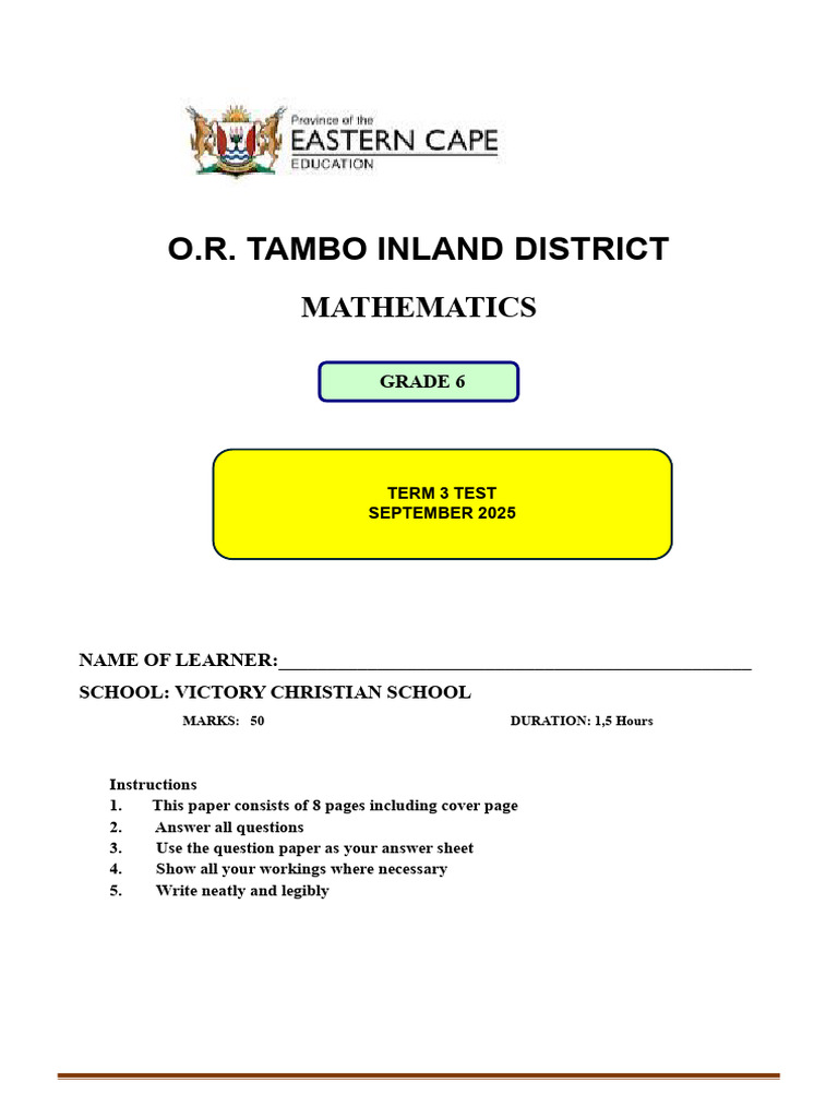 Grade 6 Mathematics Test September 2025 | PDF | Shape | Length