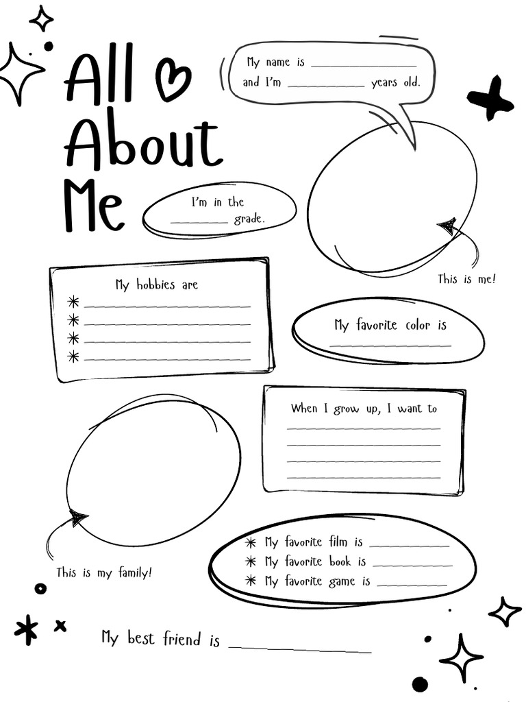 All About Me Worksheet in Yellow Black White Comics Style | PDF