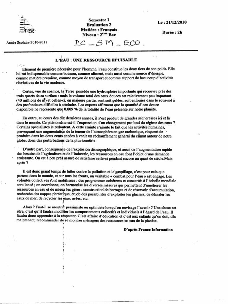 Devoir 2 Modele 1 Francais 2 Bac Semestre 1 8 | PDF