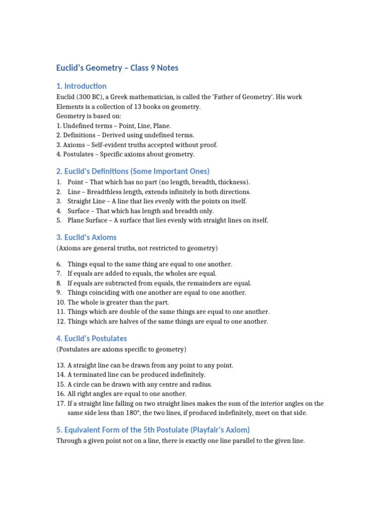 Euclid's Geometry Class 9 Overview | PDF | Axiom | Line (Geometry)