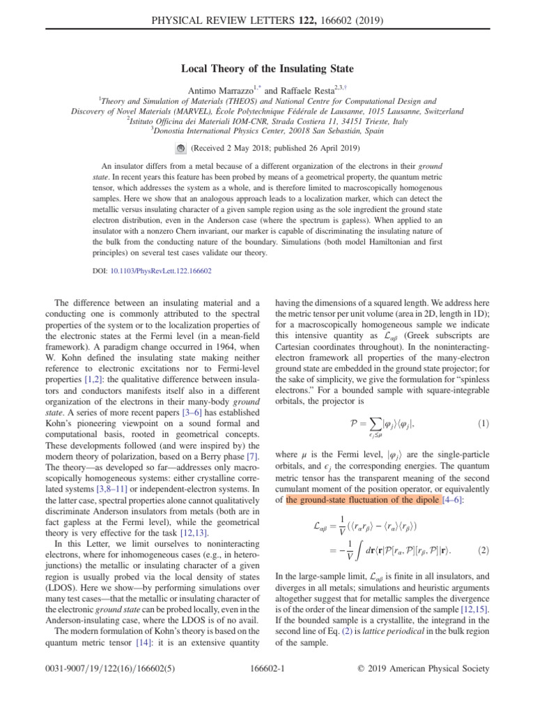 Local Theory of The Insulating State | PDF | Electron | Tensor