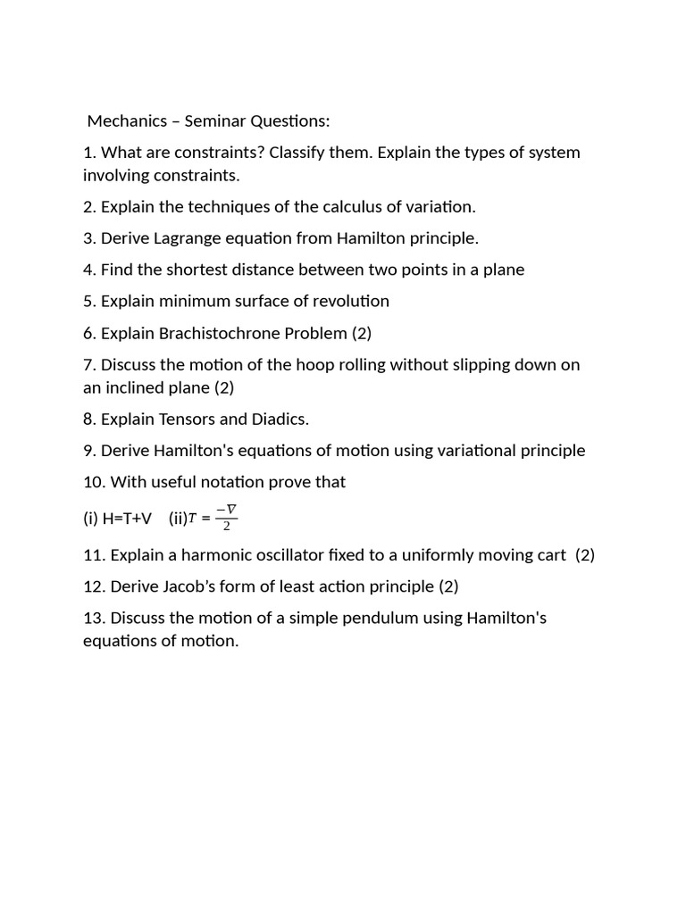 Mechanics Seminar Questions | PDF