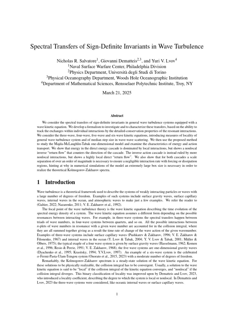 Spectral Transfers of Sign Definite Invariants in Wave Turbulence | PDF ...