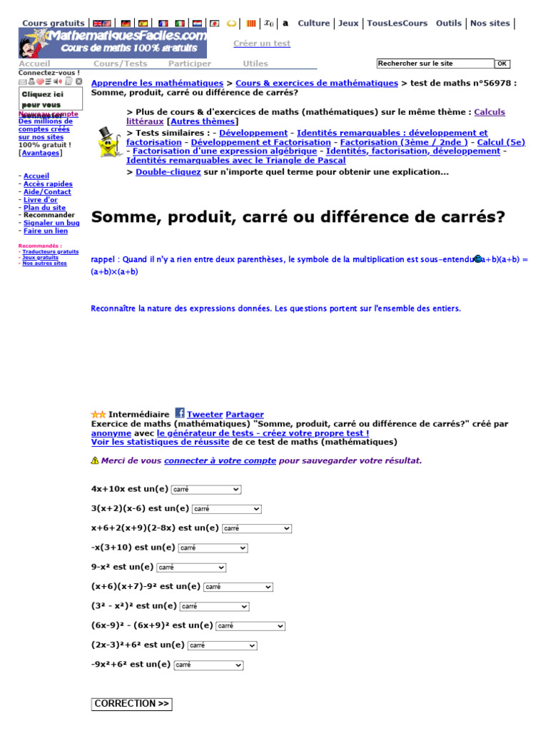 Somme, Produit, Carré Ou Différence de Carrés | PDF | Mathématiques ...
