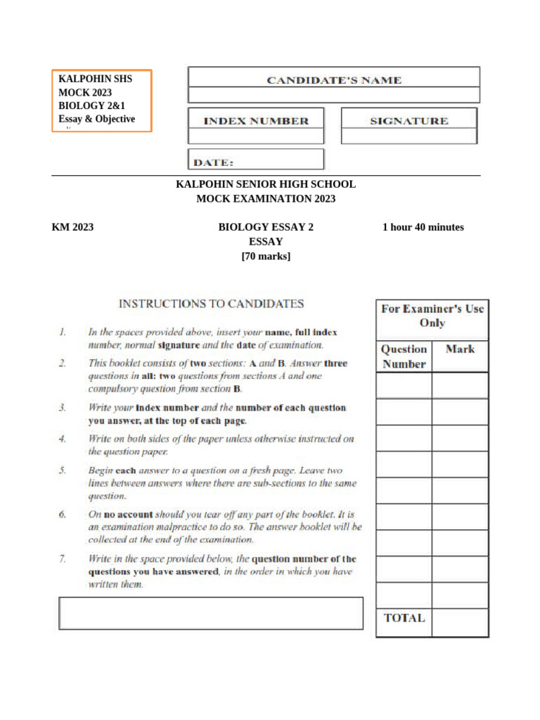 Kalpohin SHS 2023 Biology Mock Exam | PDF | Genetics | Life Sciences