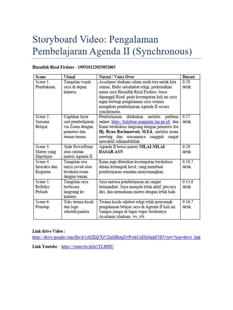 Tugas I Learning Jurnal Storyboard Pengalaman Pembelajaran Agenda II HUZAIFAH RIZAL FIRDAUS | PDF
