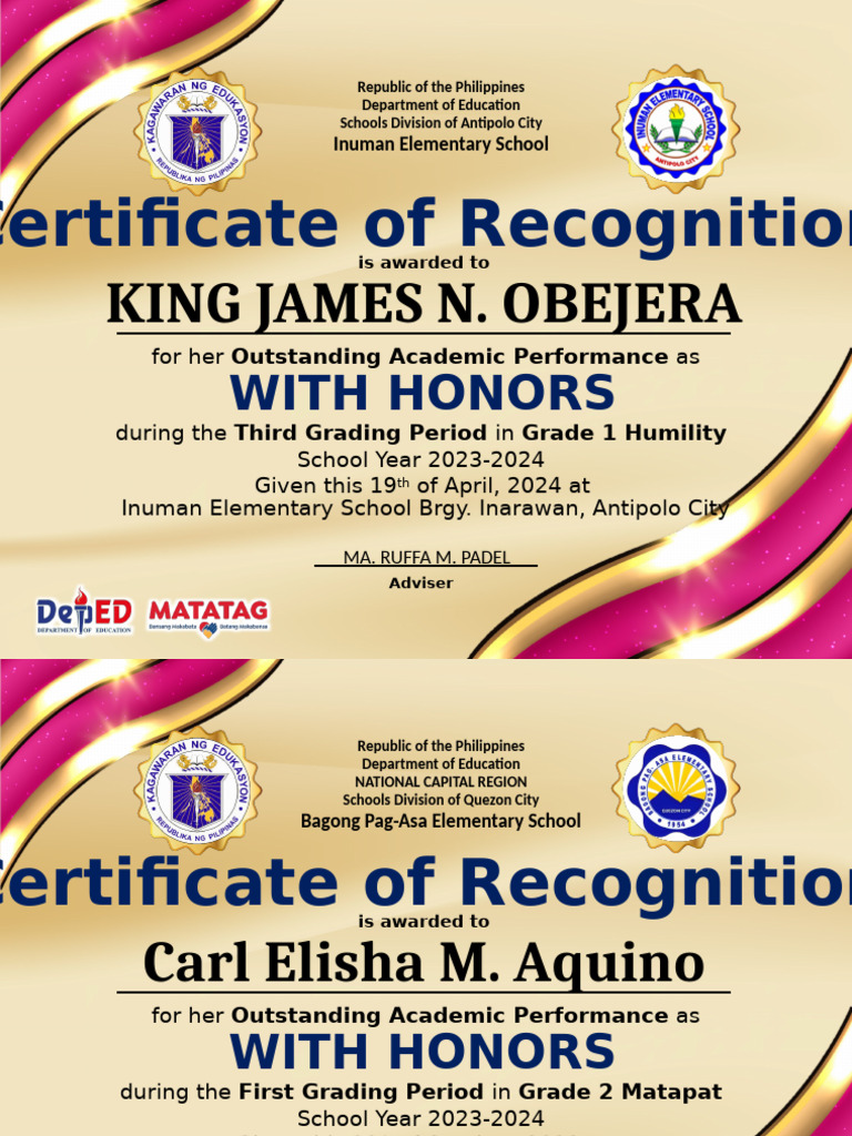 Recognition Certificate First Quarter Design 11 | PDF | Metro Manila ...