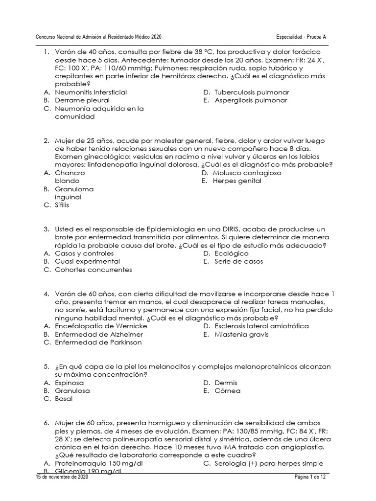 Prueba A (2020 | PDF | Bilis | Especialidades Medicas