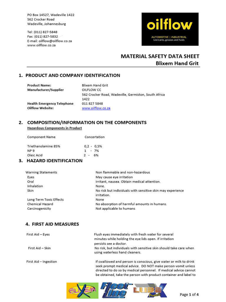 Blixem Hand Grit MSDS Overview | PDF | Occupational Safety And Health ...