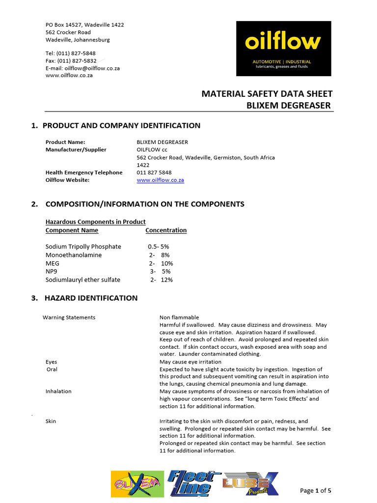 Blixem Degreaser MSDS Overview | PDF | Personal Protective Equipment ...