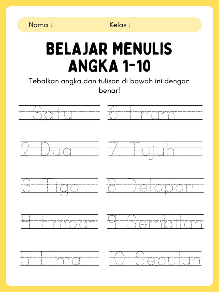 Belajar Menulis Menebalkan Angka 1-10 Lembar Kerja Kuning Sederhana ...