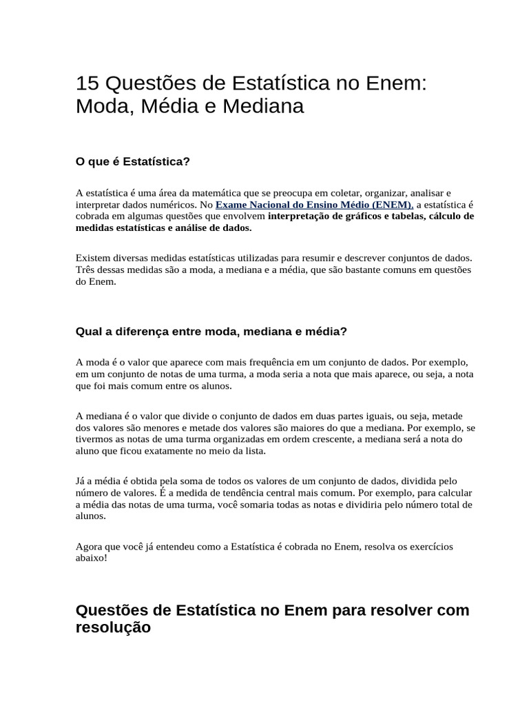 15 Questões de Estatística No Enem | PDF | Modo (Estatística) | Média