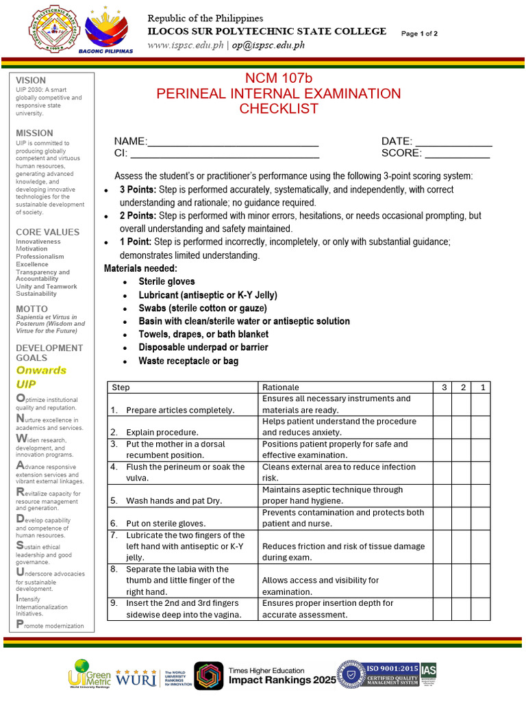 Perineal Internal Exam Checklist | PDF | Childbirth | Vagina