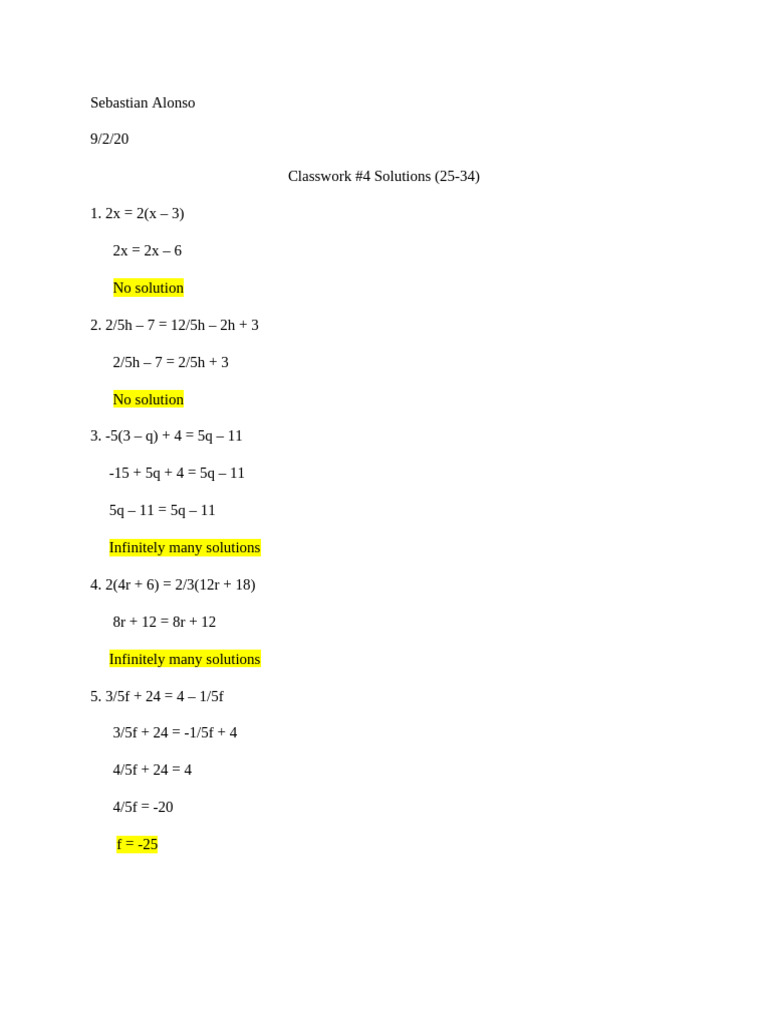Int. Math Classwork 4 Solutions | PDF