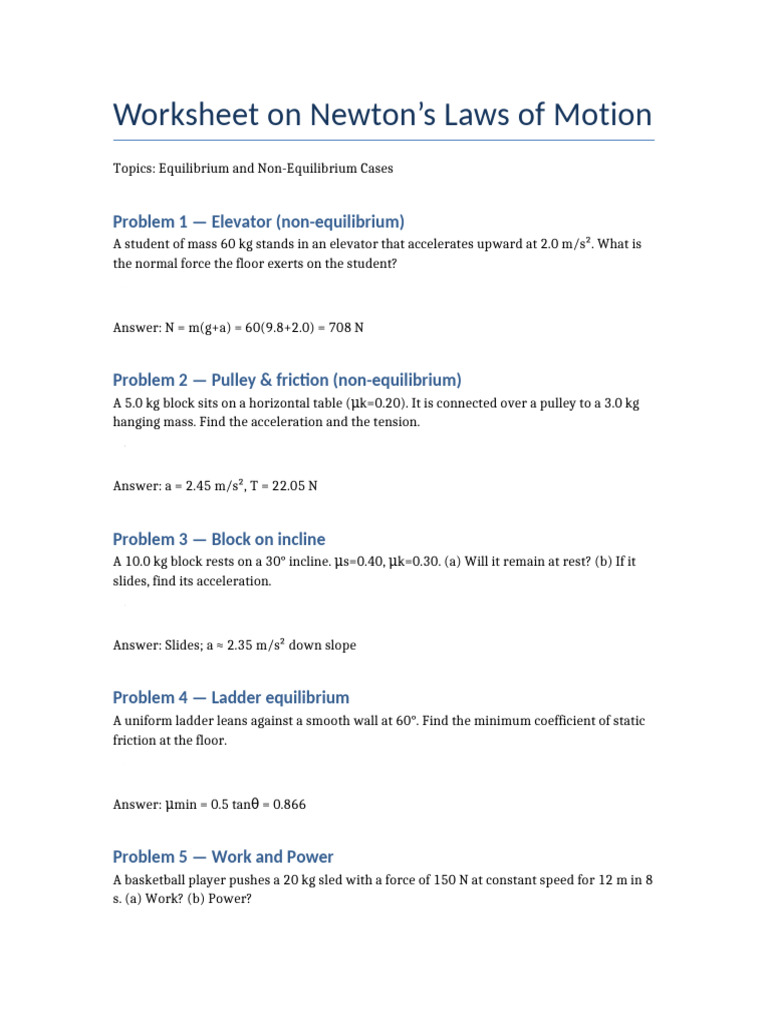 Newtons Laws Worksheet | PDF