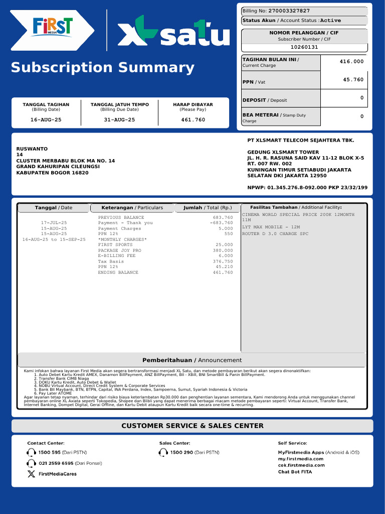 Subscription Summary: Subscriber Number / CIF | PDF