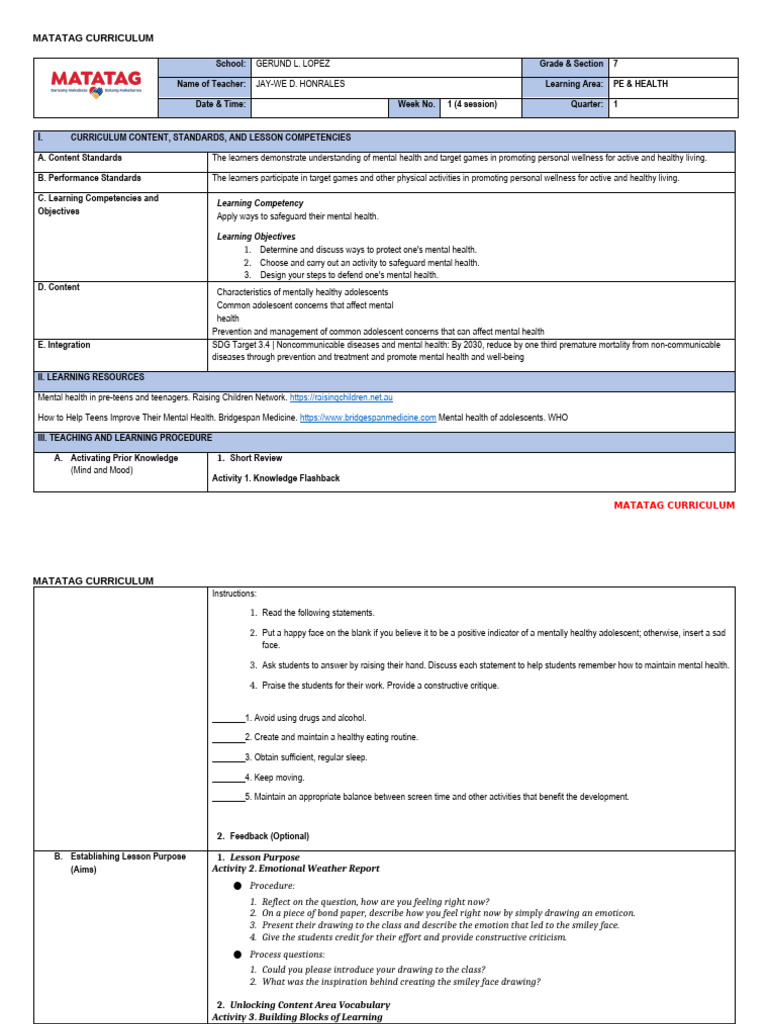 Mental Health Curriculum for Grade 7 | PDF | Curriculum | Mental Health