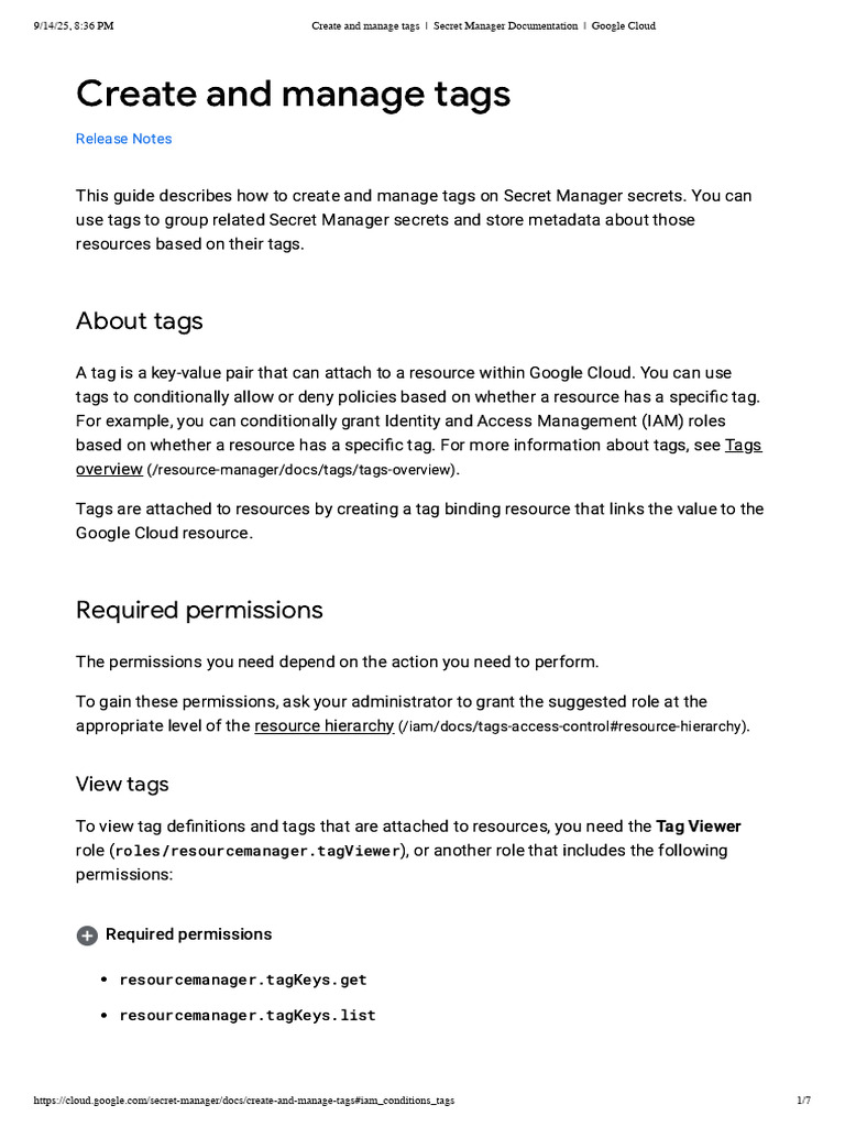 Create and Manage Tags - Secret Manager Documentation - Google Cloud | PDF | Tag (Metadata ...