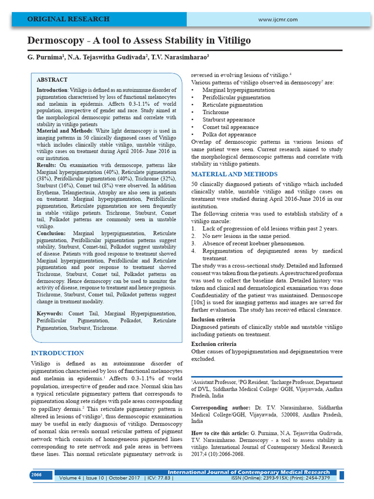 Dermoscopy for Vitiligo Stability Assessment | PDF | Dermatology ...