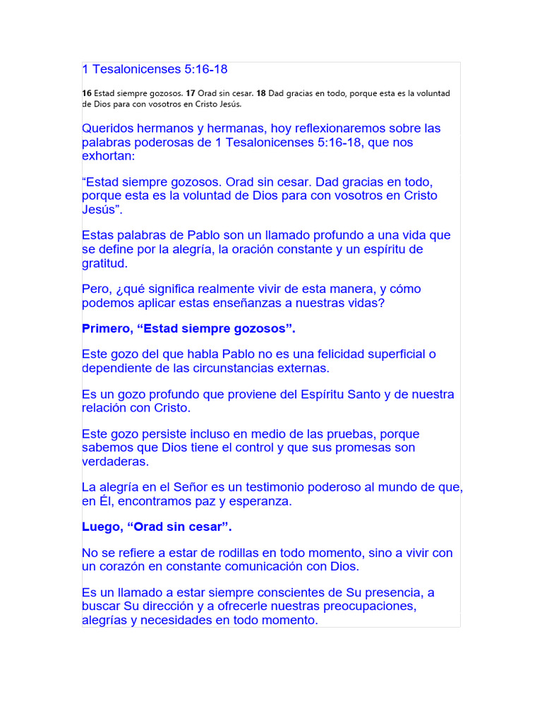 Reflexión sobre Tesalonicenses 5:16-18 | PDF | Oración | Primera ...