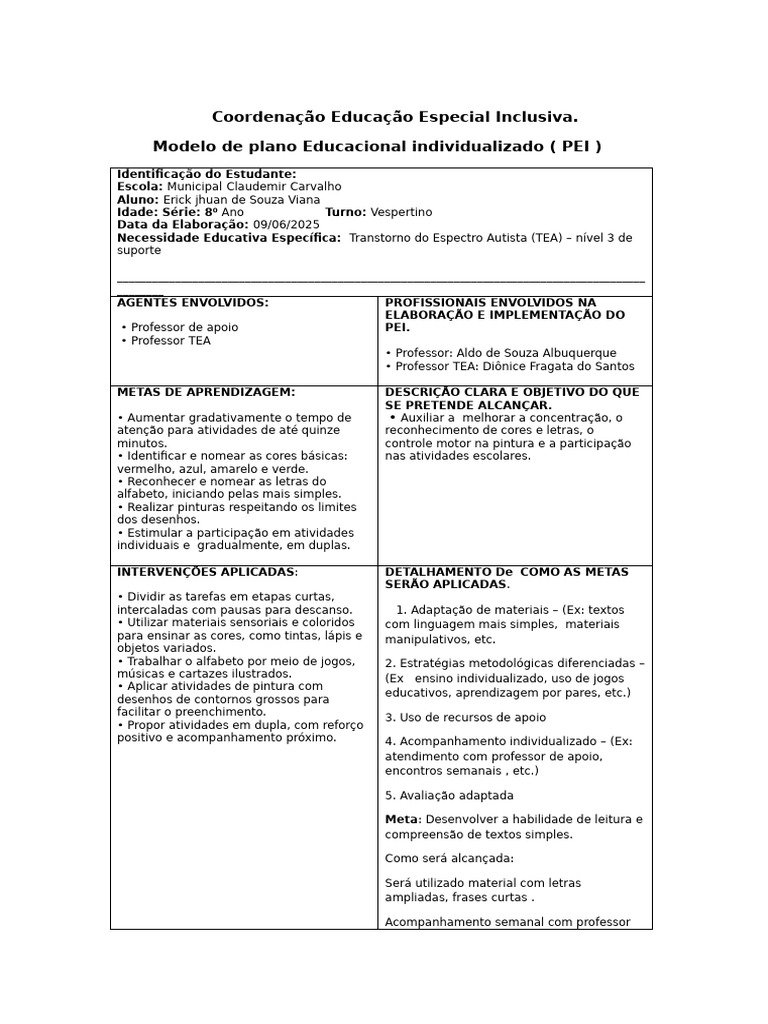 Plano Educacional Individualizado PEI | PDF | Desenho | Educação Especial