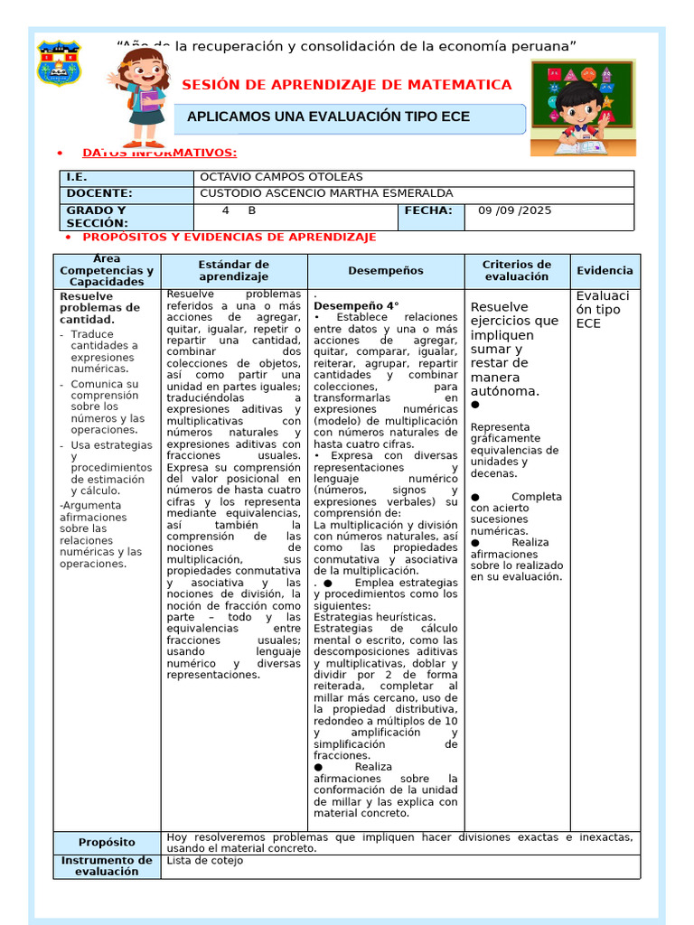4° SES MATE Evaluacion Ece Matematica | PDF | Multiplicación | Aprendizaje